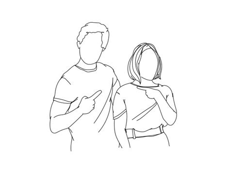 귀여운 커플 라인 아트 드로잉 프리미엄 벡터