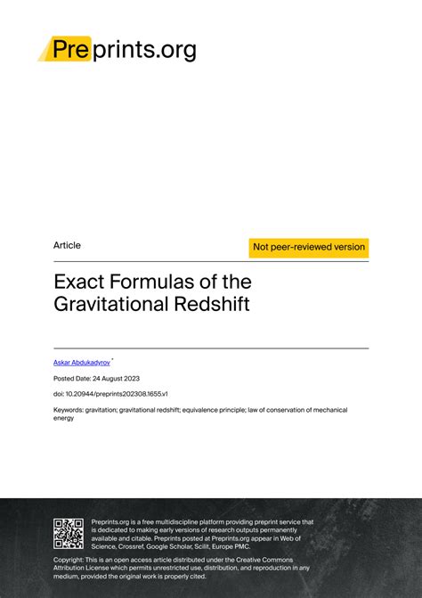 Pdf Exact Formulas Of The Gravitational Redshift