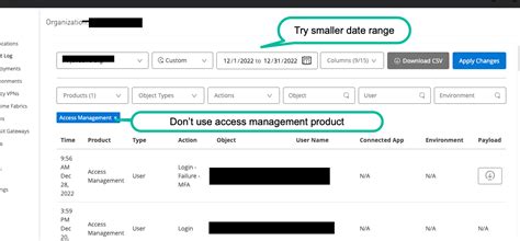 unable to use access management filter with longer duration to fetch audit log details