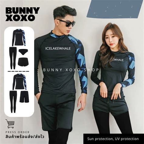 พร้อมส่งส่งไวm 3xlชุดว่ายน้ำคู่รัก สีดำแขนฟ้า ญ 4ช 3ชิ้น แขนยาวขายาวกันuv Bikini Beach Shop