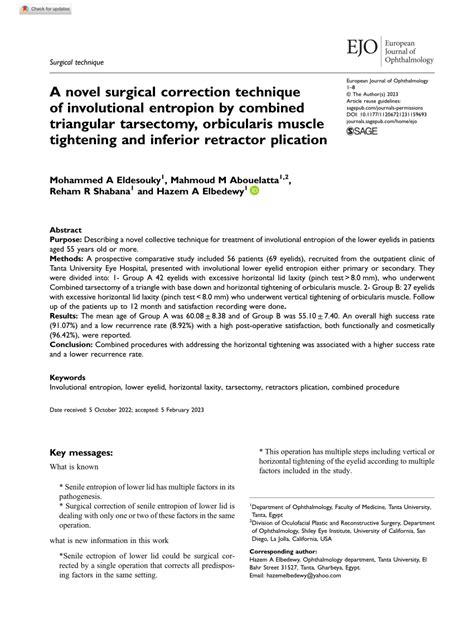 Pdf A Novel Surgical Correction Technique Of Involutional Entropion By Combined Triangular