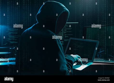 Cyber Criminal Hacking System At Table Digital Binary Code On