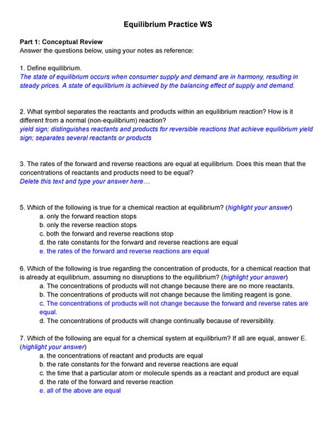Equilibrium Practice Ws The State Of Equilibrium Occurs When Consumer