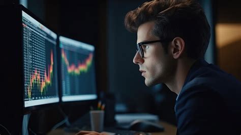 Programmer At Work Face Closeup A Young Male Financial Analyst In Glasses Works As A Monitor