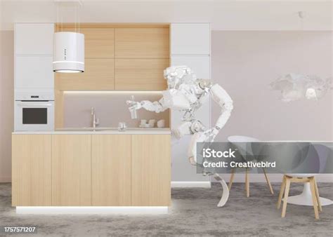 집에서 일하는 로봇 요리 인공 지능 디지털 기술 휴머노이드 사이보그 청소부 로봇 공학 공상 과학 인간을 대체하는 로봇 기술 진보 3d 렌더링 로봇공학에 대한 스톡 사진 및