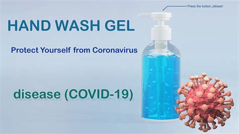 핸드 워시 젤 코로나 바이러스 개념 알코올 블루 젤 및 코로나 바이러스 모델에서 자신을 보호 블루 배경 및 텍스트에 현재 중지