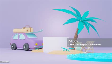 3d 렌더링 여름 판매 연단은 제품을 보여주기 위해 서 있습니다 모의를 위한 여름의 해변 휴가 장면 0명에 대한 스톡 사진 및 기타 이미지 Istock