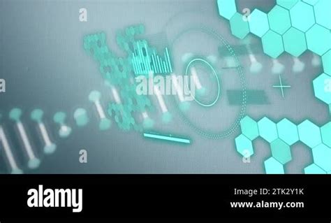 Animation Of Dna Helix Loading Circles Bar Graph And Hexagon Pattern Over Abstract Background