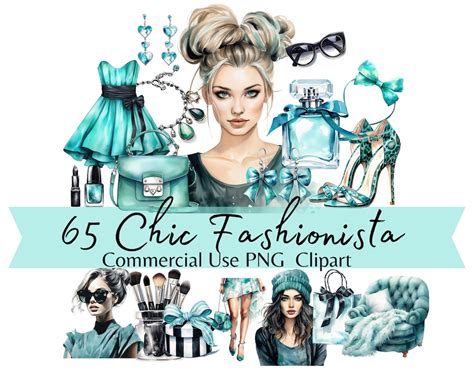 Fashionista Chic Girl Clipart Watercolor Turquoise Black Illustrations
