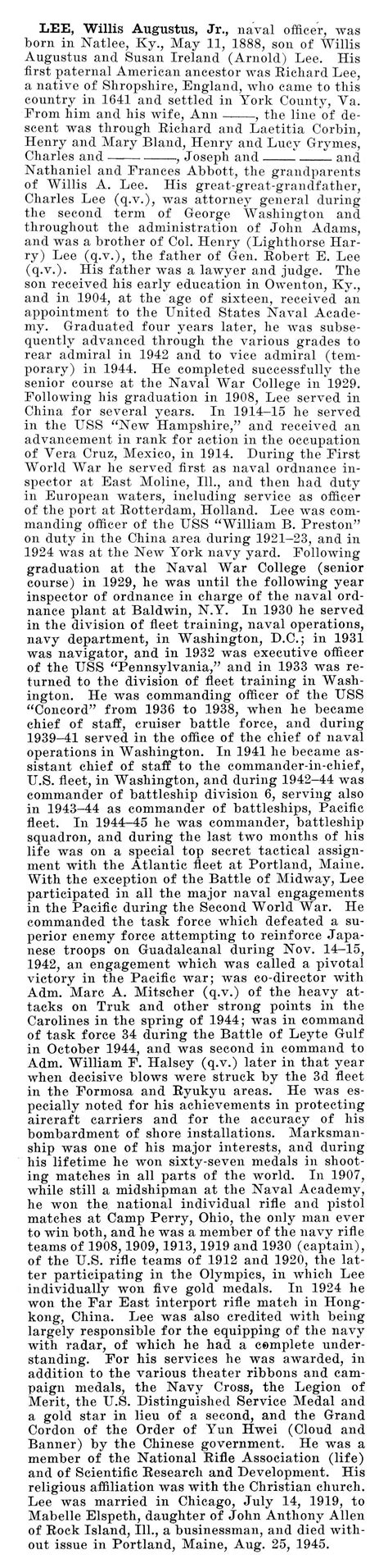 Vadm Willis Augustus Ching” Lee Jr 1888 1945 Find A Grave Memorial