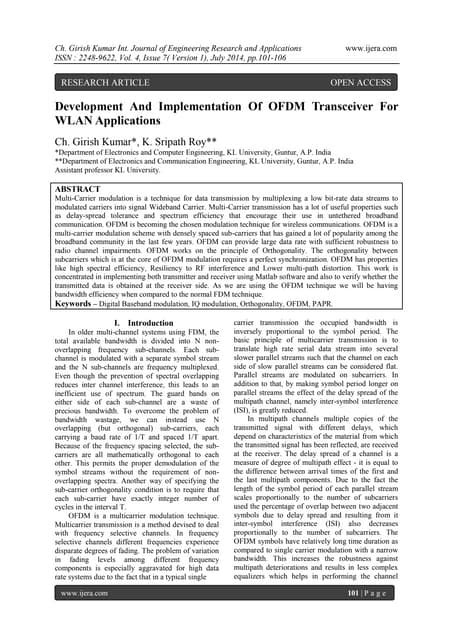 Development And Implementation Of Ofdm Transceiver For Wlan