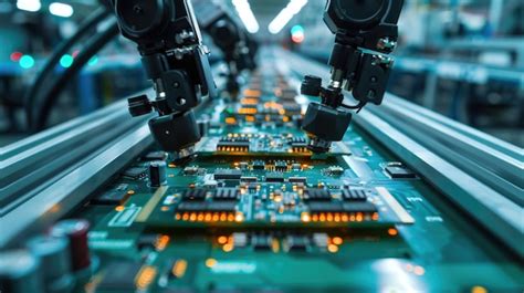 Printed Circuit Board Assembly Process Conveyor With Robotic Arms In