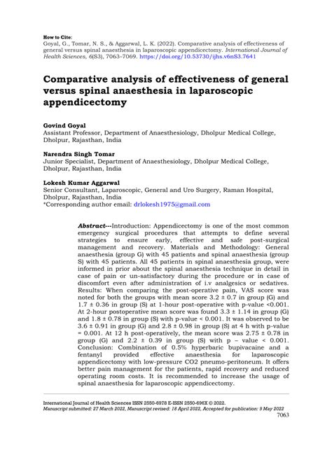 Pdf Comparative Analysis Of Effectiveness Of General Versus Spinal Anaesthesia In Laparoscopic