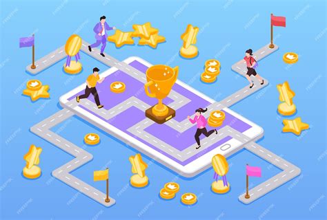 비즈니스 및 교육 프로세스 아이소메트릭 개념에서 게임화 게임 전략은 성인 사용자가 3d 벡터 일러스트레이션을 완료하기 위해 실행합니다 무료 벡터