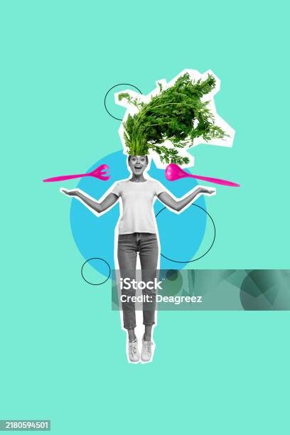 수직선 포스터 콜라주 젊은 쾌활한 여자 건강한 다이어트 고르다 숟가락 포크 결정 공중 부양하다 녹색 식료품 점 시장 저장 완전 채식주의 자의 영양 섭취 20 24세에 대한