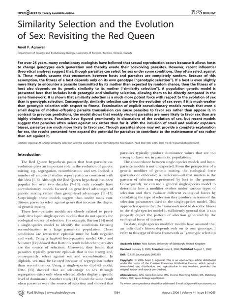 Pdf Similarity Selection And The Evolution Of Sex Revisiting The Red