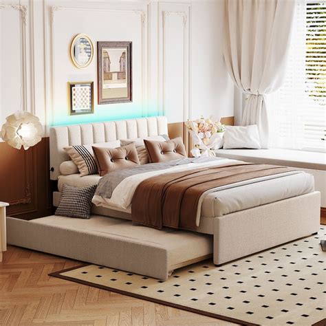 Teddy Fleece Queen Size Upholstered Platform Bed With Trundle Bed Bath And Beyond 40807632