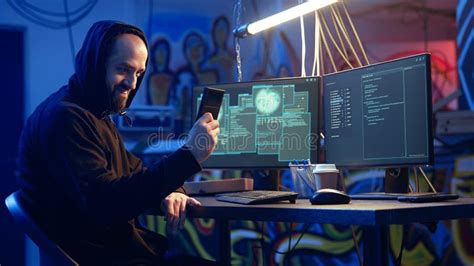 Hacker Arriving In Secret Underground Base With Ssd Containing Data Stock Image Image Of