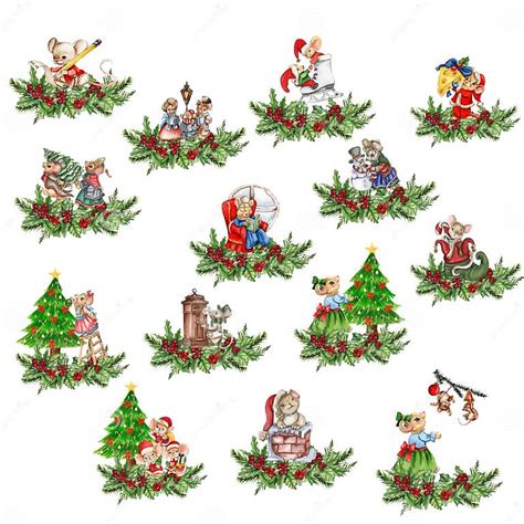 Watercolor Christmas Mice In Cartoon Style Composition Watercolor