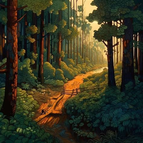 Premium Photo A Painting Of A Forest Scene With A Forest Path And A Man Running Through It