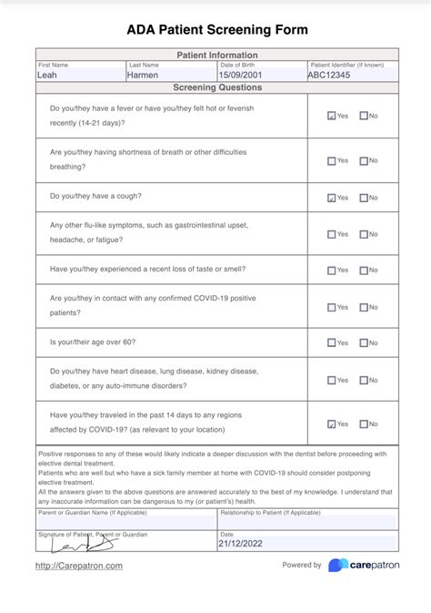 ADA Patient Screening Form Template Free PDF Download