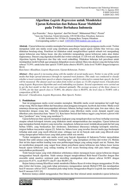 Pdf Algoritme Logistic Regression Untuk Mendeteksi Ujaran Kebencian Dan Bahasa Kasar
