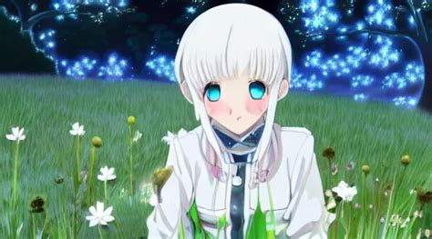 White Haired Anime Girl Sitting In A Field Of Ghibli Stable Diffusion