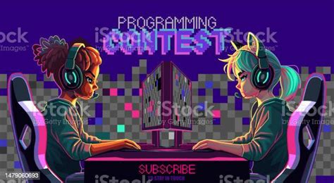 헤드셋을 쓴 두 명의 다양한 소녀 프로그래머가 컴퓨터 앞에 앉아 서로 게이머에 대한 스톡 벡터 아트 및 기타 이미지 게이머