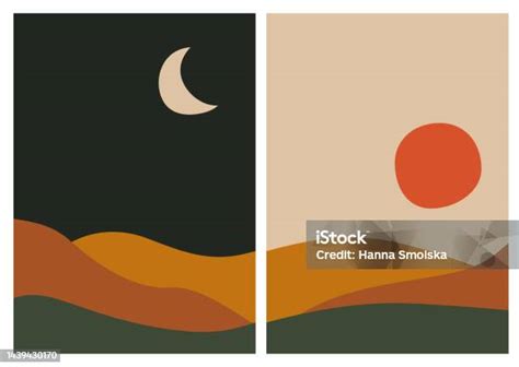 추상적인 현대 풍경 포스터가 놓여 있다 미드 센추리 모던 미니멀리즘 아트 프린트 보호 포스터 표지 산 언덕 호수 태양 책 표지 포스터 배너 브로셔 전단지를 위한 평면 디자인