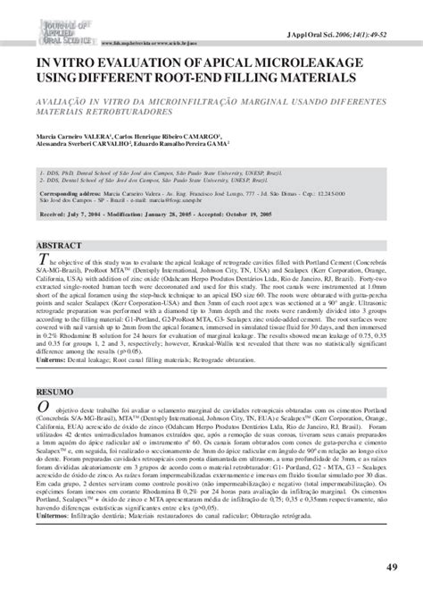 Pdf In Vitro Evaluation Of Apical Microleakage Using Different Root End Filling Materials