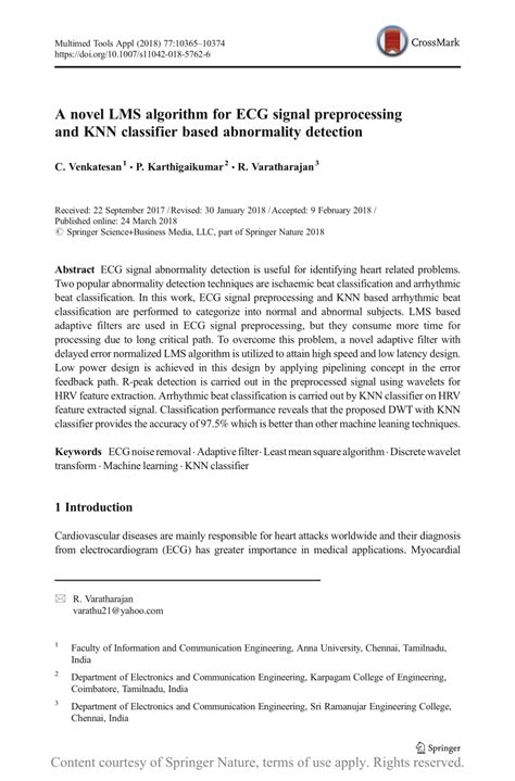 a novel lms algorithm for ecg signal preprocessing and knn classifier