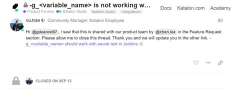 G Should Work With Secret Text In Jenkins 6 By Gdearest07 Feature Requests Katalon
