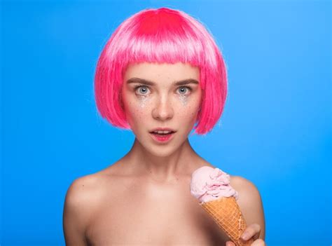 Premium Photo Young Stylish Girl Posing With Ice Cream