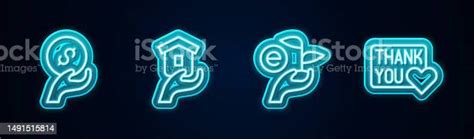 기부와 자선 노숙자를 위한 쉼터 손에 나뭇잎 진심으로 감사드립니다 빛나는 네온 아이콘입니다 벡터 Charity Benefit에 대한 스톡 벡터 아트 및 기타 이미지 Istock