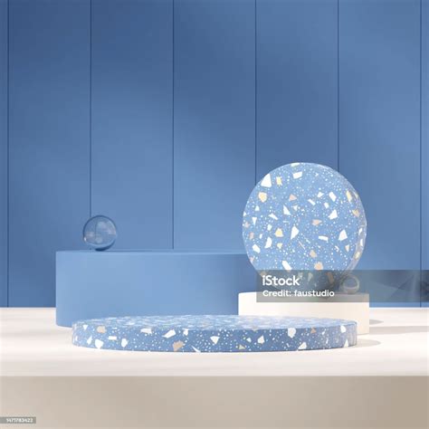 빈 공간 파란색 흰색 테라조 연단은 정사각형 유리 구체와 파란색 벽 3d 렌더링 0명에 대한 스톡 사진 및 기타 이미지 0명 3차원 형태 강단 Istock
