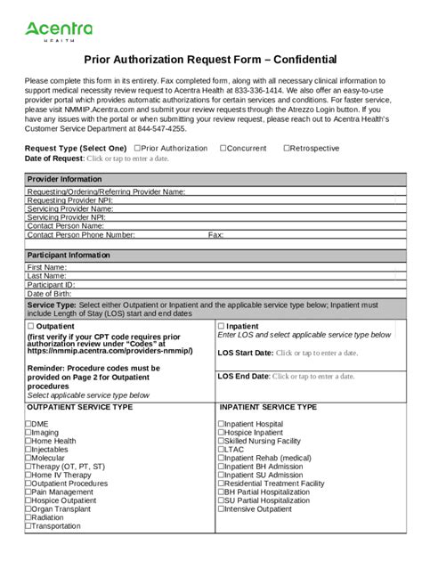 Prior Authorization Request Form Blank Fillable Template Fill Out