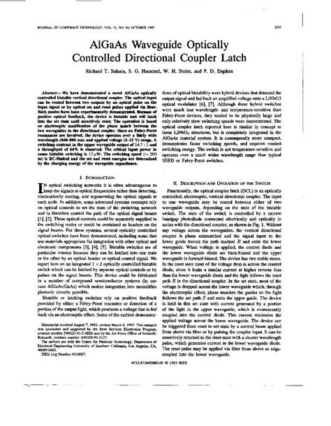 Pdf Algaas Waveguide Optically Controlled Directional Coupler Latch