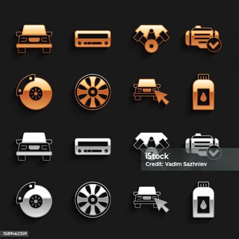 자동차용 알로이 휠 엔진 점검 캐니스터 모터 머신 오일 온라인 공유 캘리퍼가 있는 자동차 브레이크 디스크 전원 및 오디오 아이콘을 설정합니다 벡터 브레이크에 대한 스톡 벡터