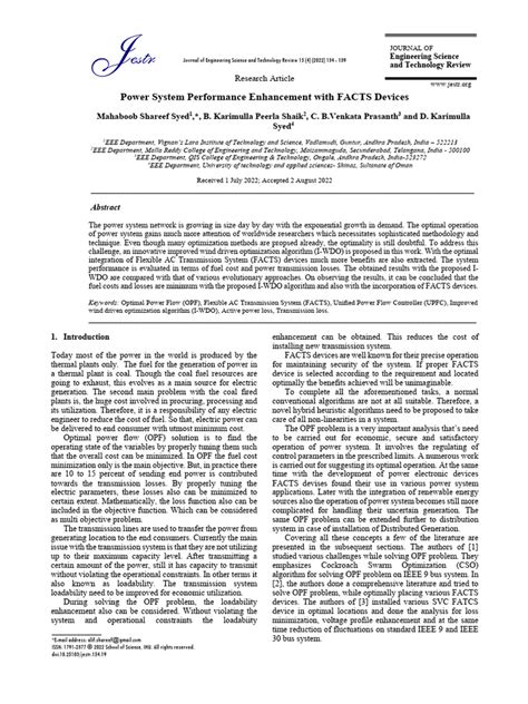 Power System Performance Enhancement With Facts Devices Pdf Force Mathematical Optimization