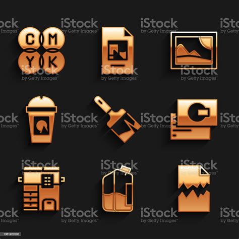 페인트 브러시 프린터 잉크 병 찢어진 문서 명함 복사 기계 커피 컵 이동 그림 풍경 및 Cmyk 색상 혼합 아이콘을 설정합니다