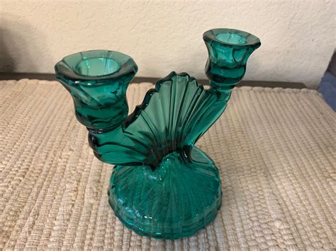 1937 Jeannette Glass Swirl Ultramarine Blue Green Double Light Candlesticks Set Of 2 Etsy