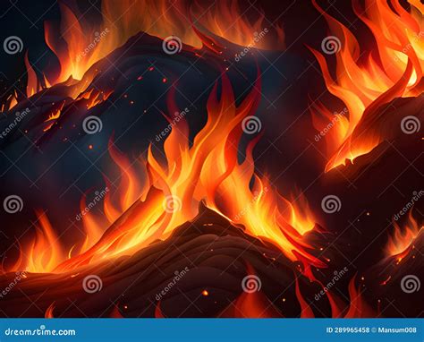Burning Red Fire On A Dark Background Illustration Ai Generated Stock