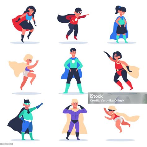 슈퍼 히어로 아이들 남자와 여자 슈퍼 히어로 캐릭터 망토 고립 된 벡터 일러스트 세트와 화려한 슈퍼 히어로 의상을 입은 아이들을 궁금해 슈퍼히어로에 대한 스톡 벡터 아트 및