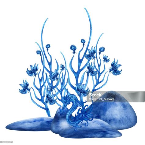 추상적인 수중 푸른 마법의 꽃 돌 초대장 패턴 직물 월페이퍼 스티커를 위한 물고기의 수채화 그림 흰색 배경에 격리된 구성 개체