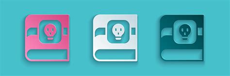 종이 컷 파란색 배경에 분리된 두개골 아이콘이 있는 독극물에 관한 책입니다 위험 신호 죽음의 상징 종이 아트 스타일 벡터 3차원 형태에 대한 스톡 벡터 아트 및 기타 이미지