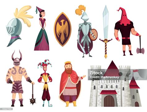 중세 이야기 캐릭터 평면 세트 와 궁수 대장장이 왕 여왕 뿔 주교 전사 기사 성 벡터 일러스트 사형 집행인에 대한 스톡 벡터
