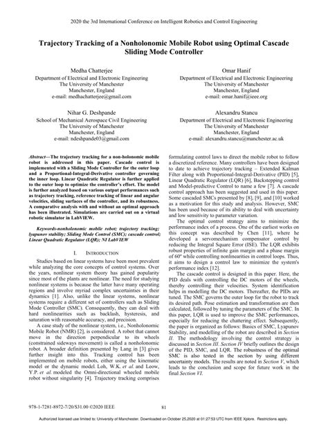 Pdf Trajectory Tracking Of A Nonholonomic Mobile Robot Using Optimal Cascade Sliding Mode