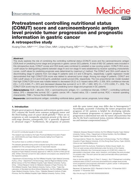 Pdf Pretreatment Controlling Nutritional Status Conut Score And Carcinoembryonic Antigen