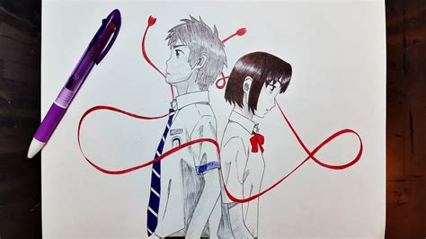 다이소 삼색 볼펜으로 너의 이름은 타키 And 미츠하 그리기 Youtube