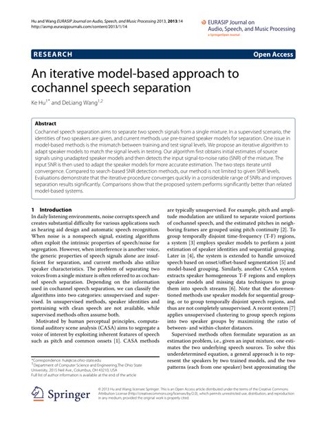 PDF An Iterative Model Based Approach To Cochannel Speech Separation
